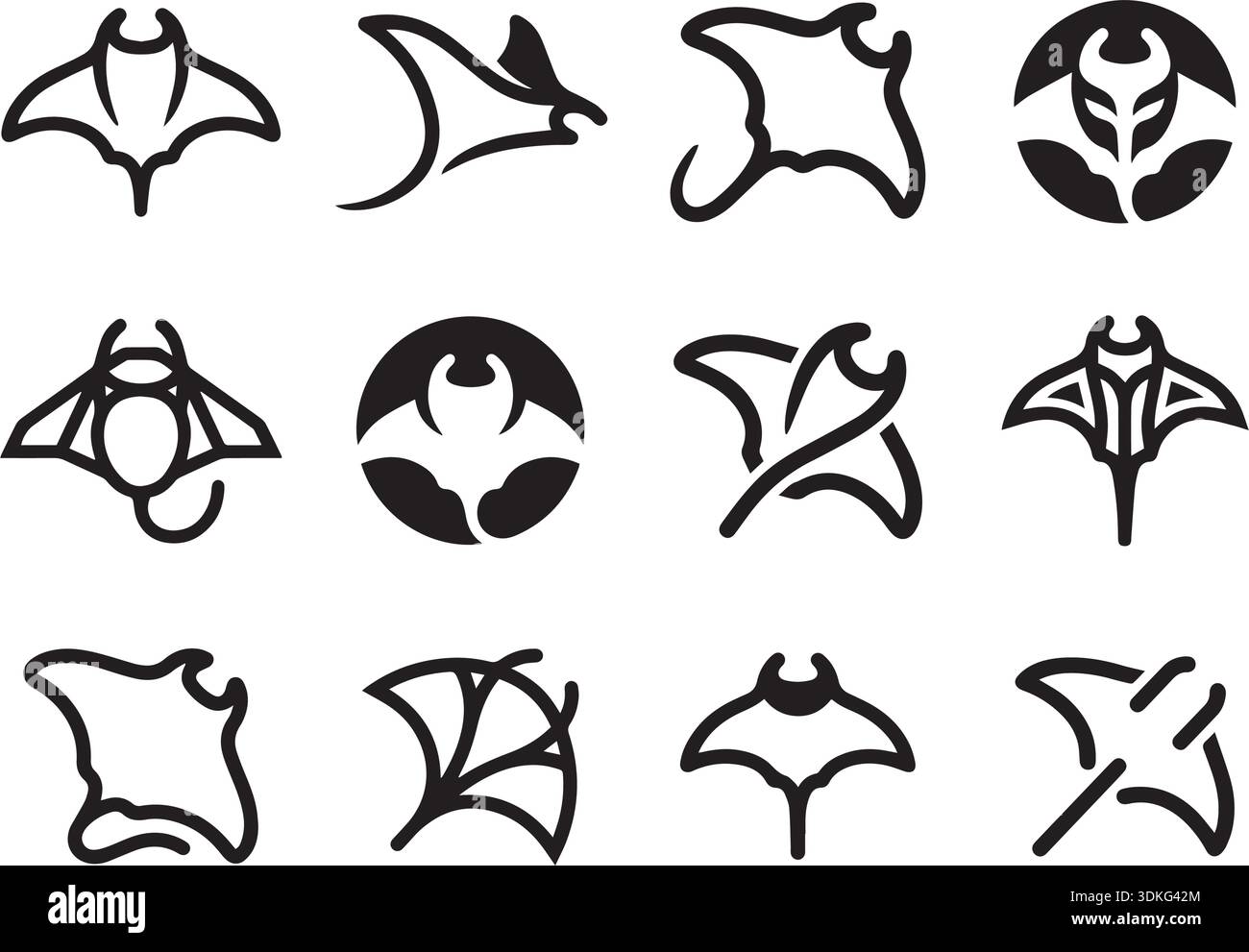 Vector set of manta ray illustrations. Marine animal concept. Black and ...