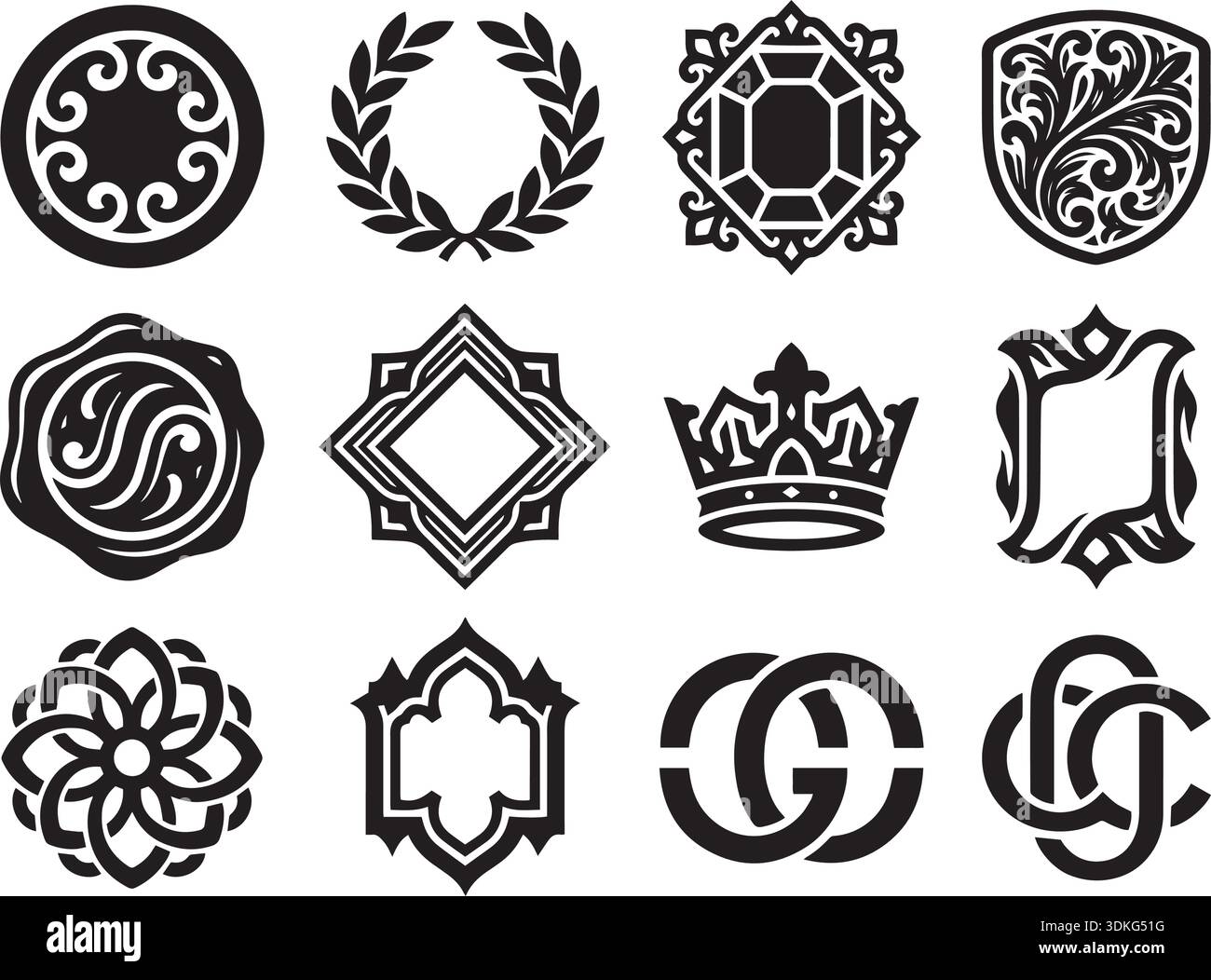 Collection of ornamental symbols and heraldic emblems for creating ...