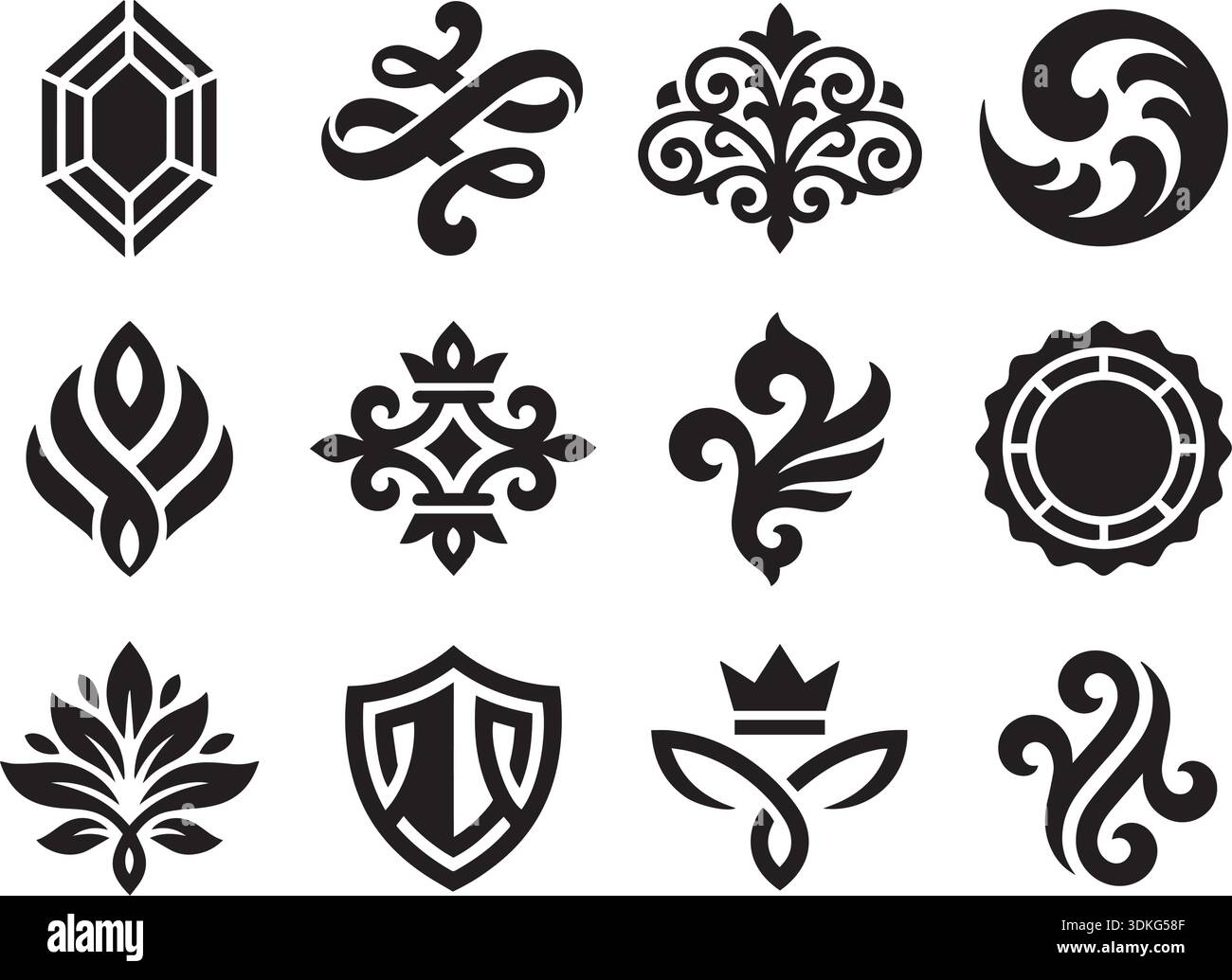 Collection of ornamental symbols and heraldic emblems for creating ...