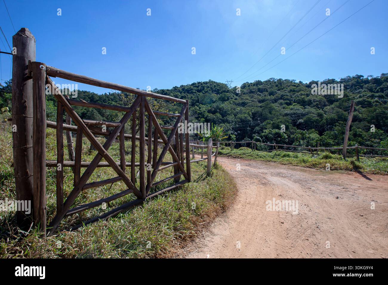 Farm gate, made of rustic wood, with a different design. On countryside ...