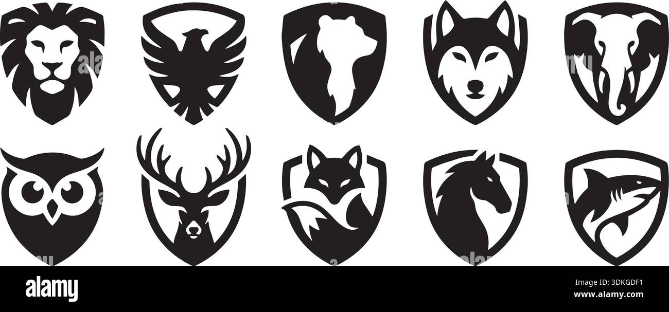 Set of heraldic animals in shield shape outline featuring lion, eagle ...