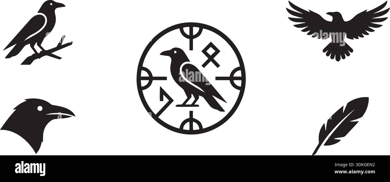 Collection combining raven, branch, circle rune, flying and feather ...