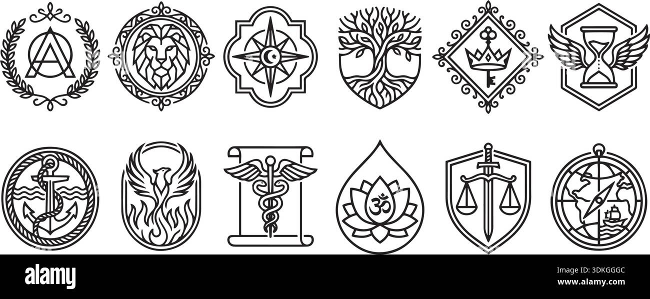 Set of twelve line art emblem templates with different symbols. Laurel ...