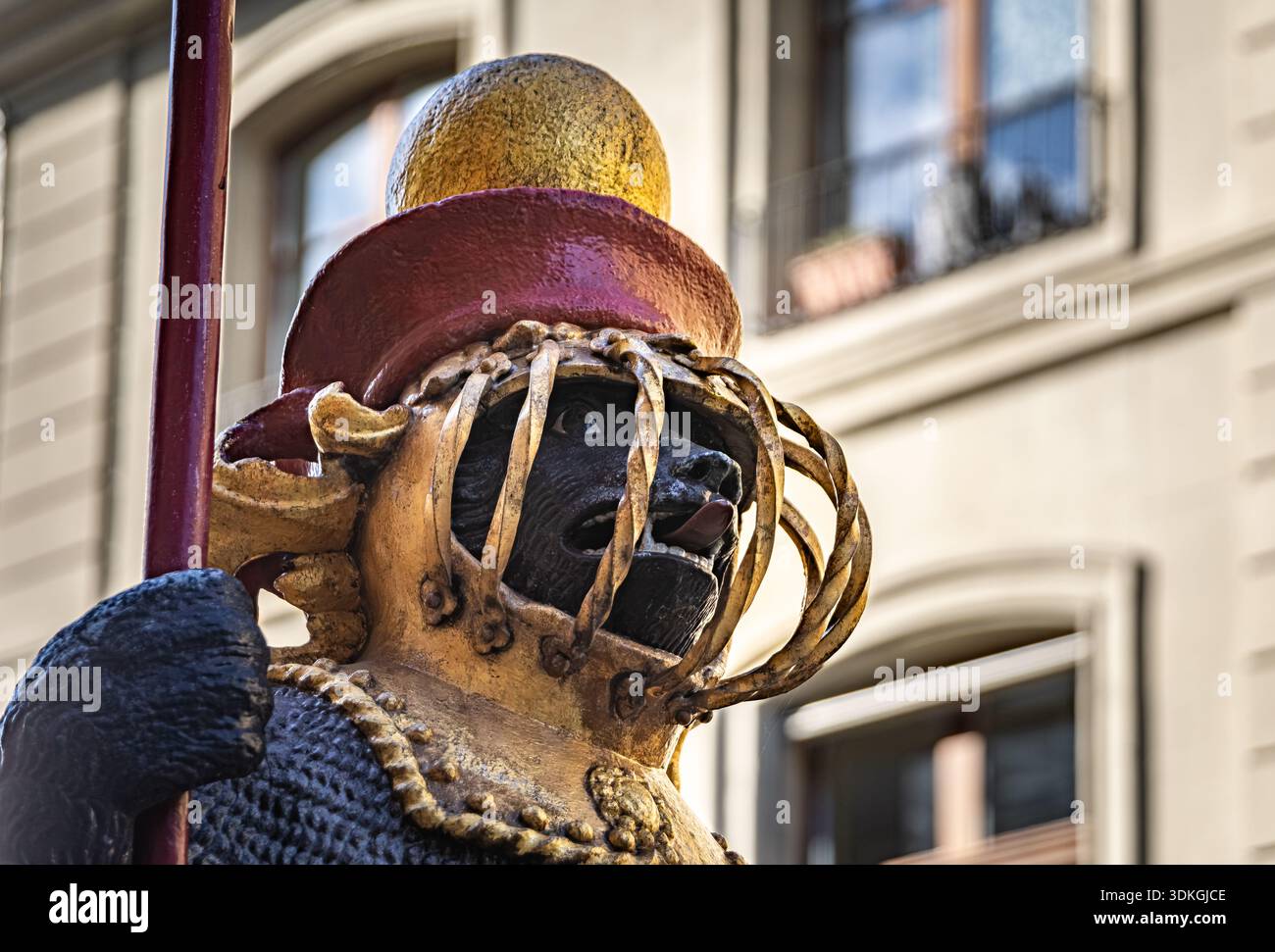 Iconic medieval Zahringerbrunnen Fountain with an armor clad bear, the ...