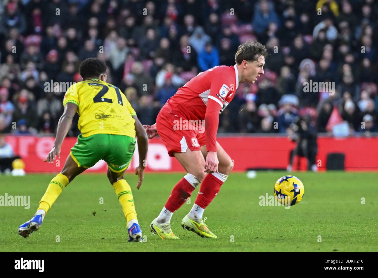 Callum Brittain of Middlesbrough takes on Ali Ahmed of Norwich City ...