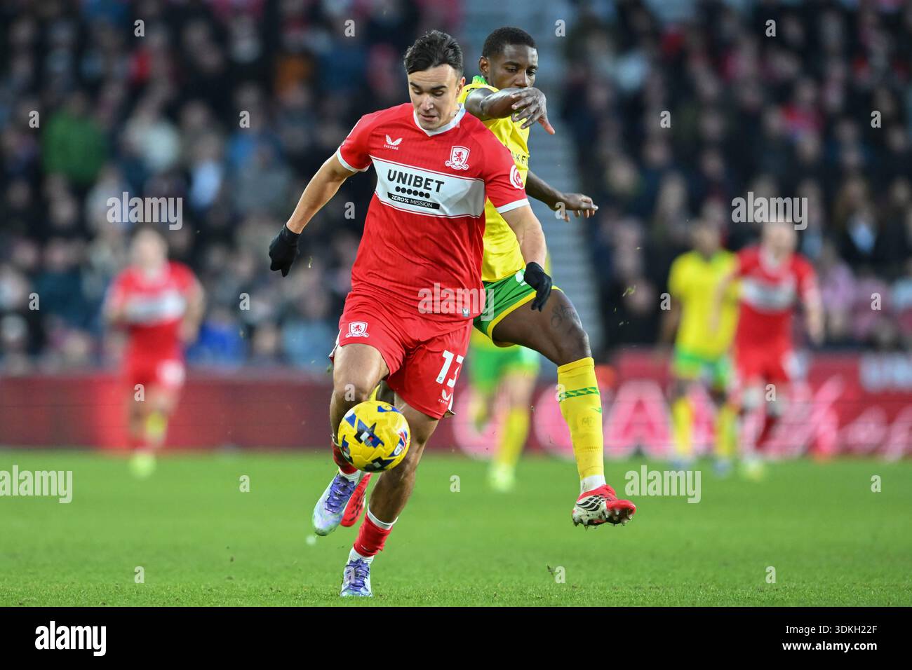 David Strelec of Middlesbrough drives forward under pressure from Jose ...