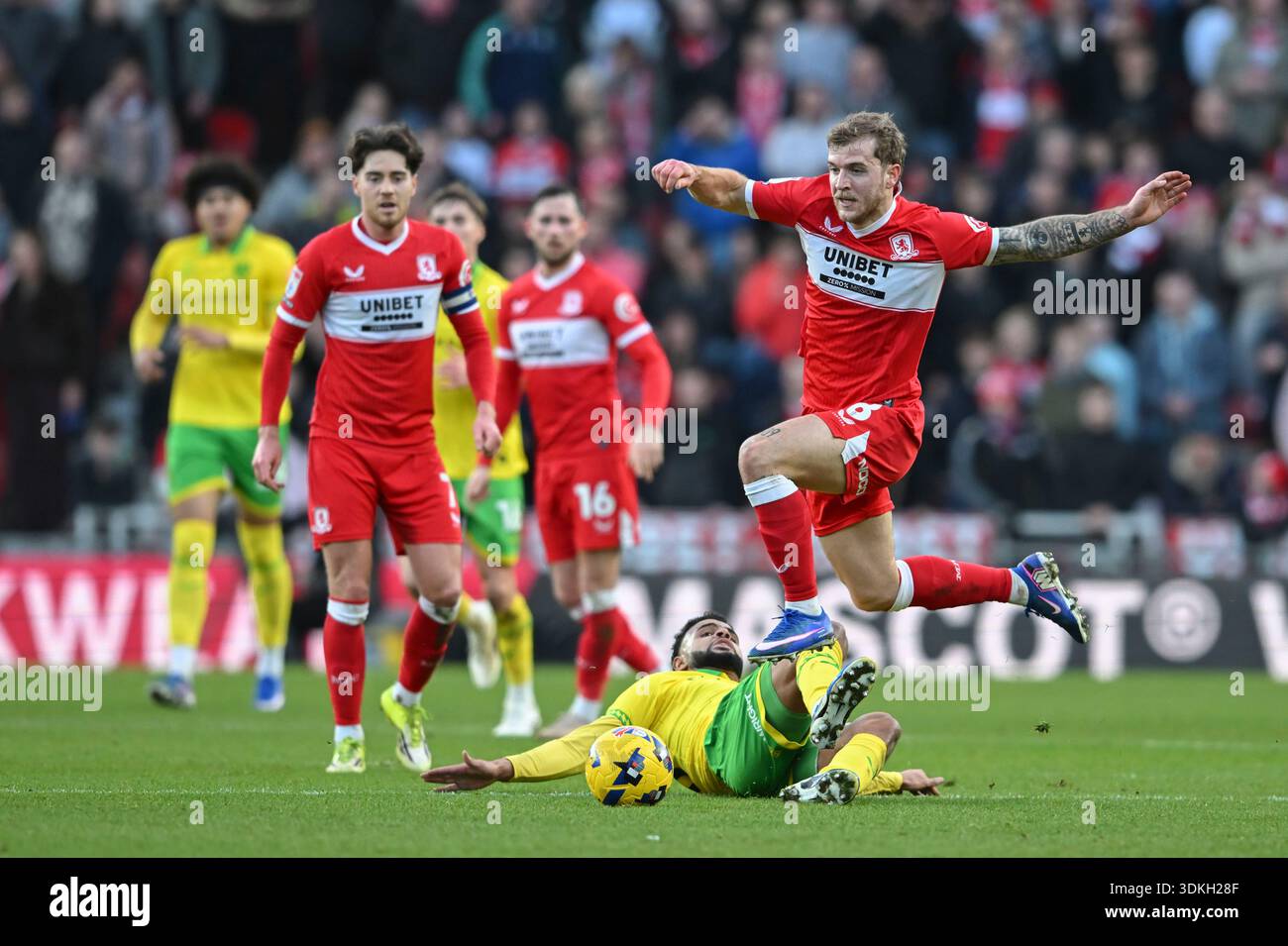 Riley McGree of Middlesbrough skips past Anis Slimane of Norwich City ...