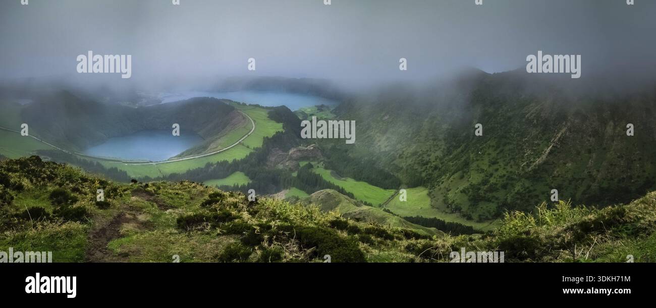 Sete Cidades twin crater lakes, Lagoa Verde and Lagoa Azul, as seen ...