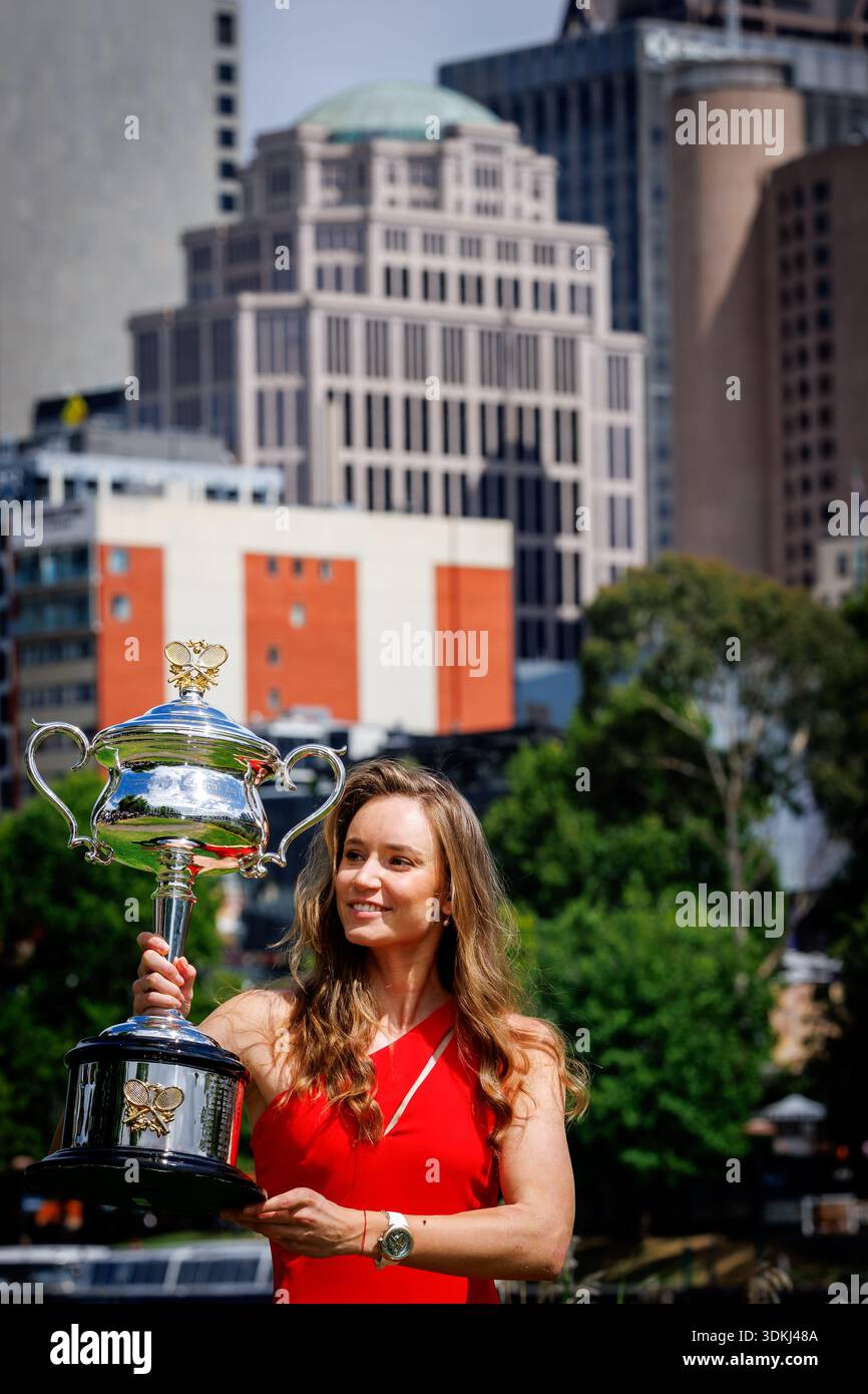 Kazakhstan’s Elena Rybakina poses with The Daphne Akhurst Memorial Cup ...