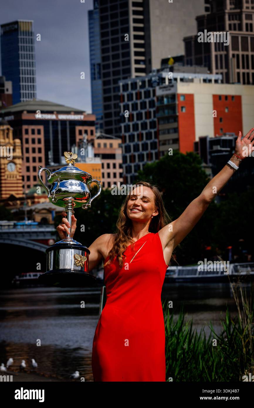 Kazakhstan’s Elena Rybakina poses with The Daphne Akhurst Memorial Cup ...