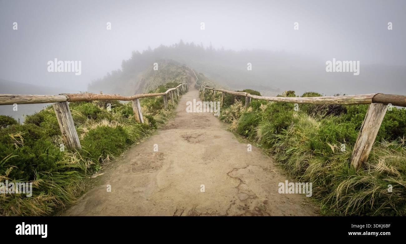 Walking path to the viewpoint of the Sete Cidades twin crater lakes ...