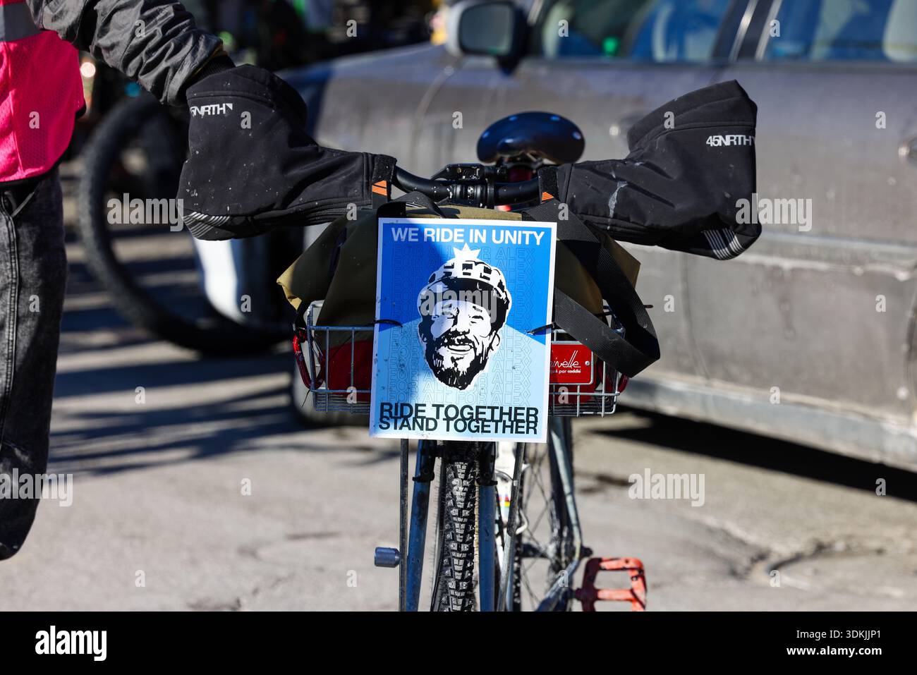 Bicycle with the event sign in the Alex Pretti Memorial Bike Ride near ...