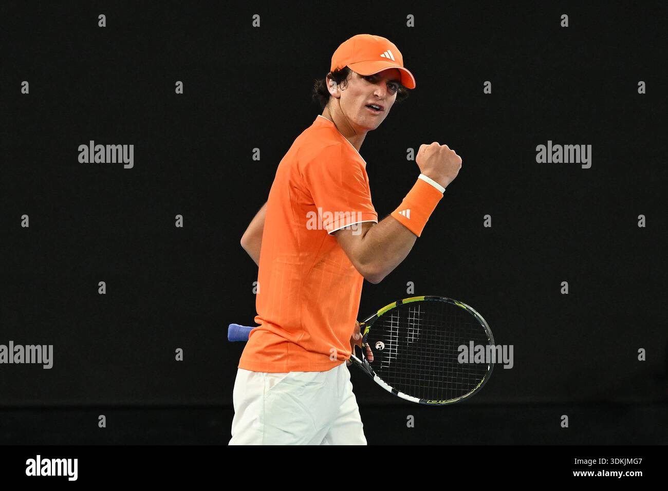 Keaton Hance of the U.S reacts after winning a point against Ziga Sesko ...