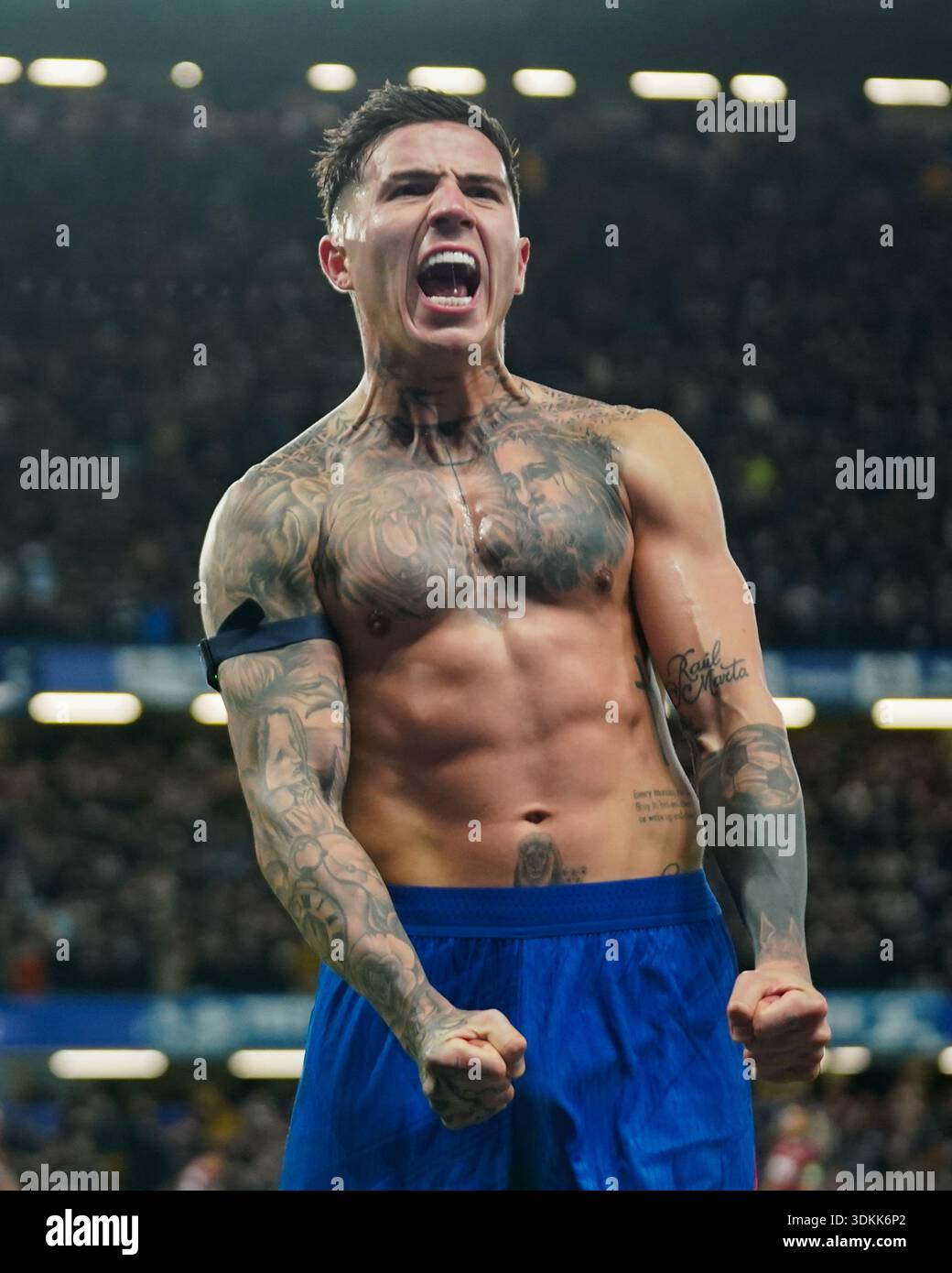 Enzo Fernández of Chelsea celebrating his goal to make it 3-2 during ...