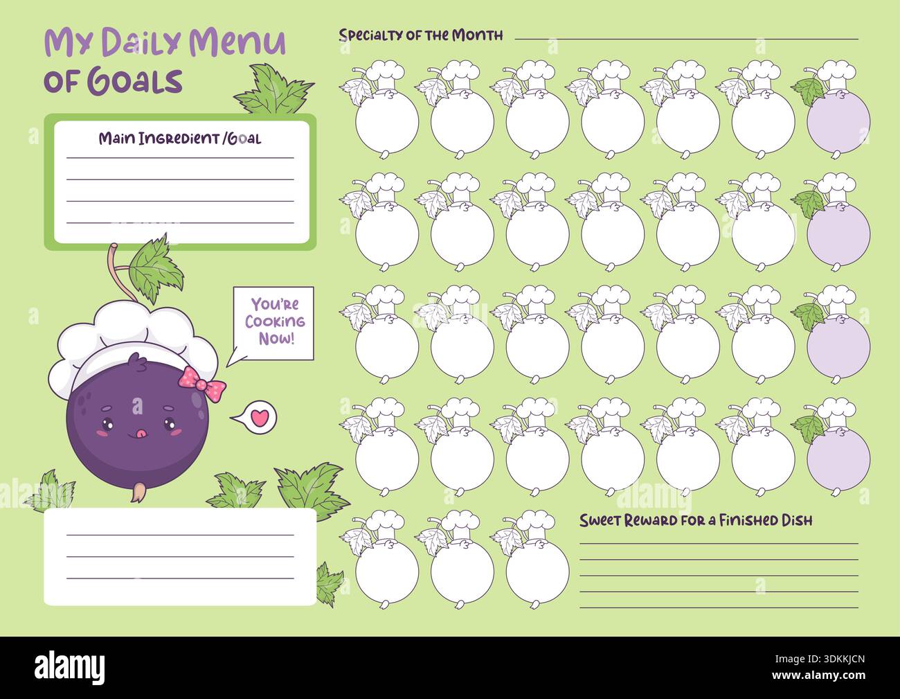 Monthly Meal Planner and Kitchen Habit Tracker. Cute Kawaii Female Chef ...