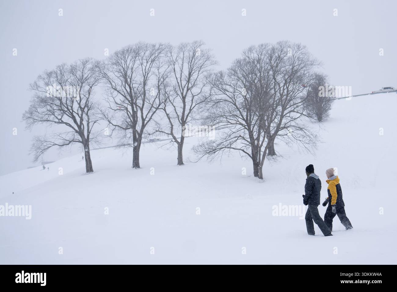 Pedestrians walk through snow during a winter storm that closed schools ...