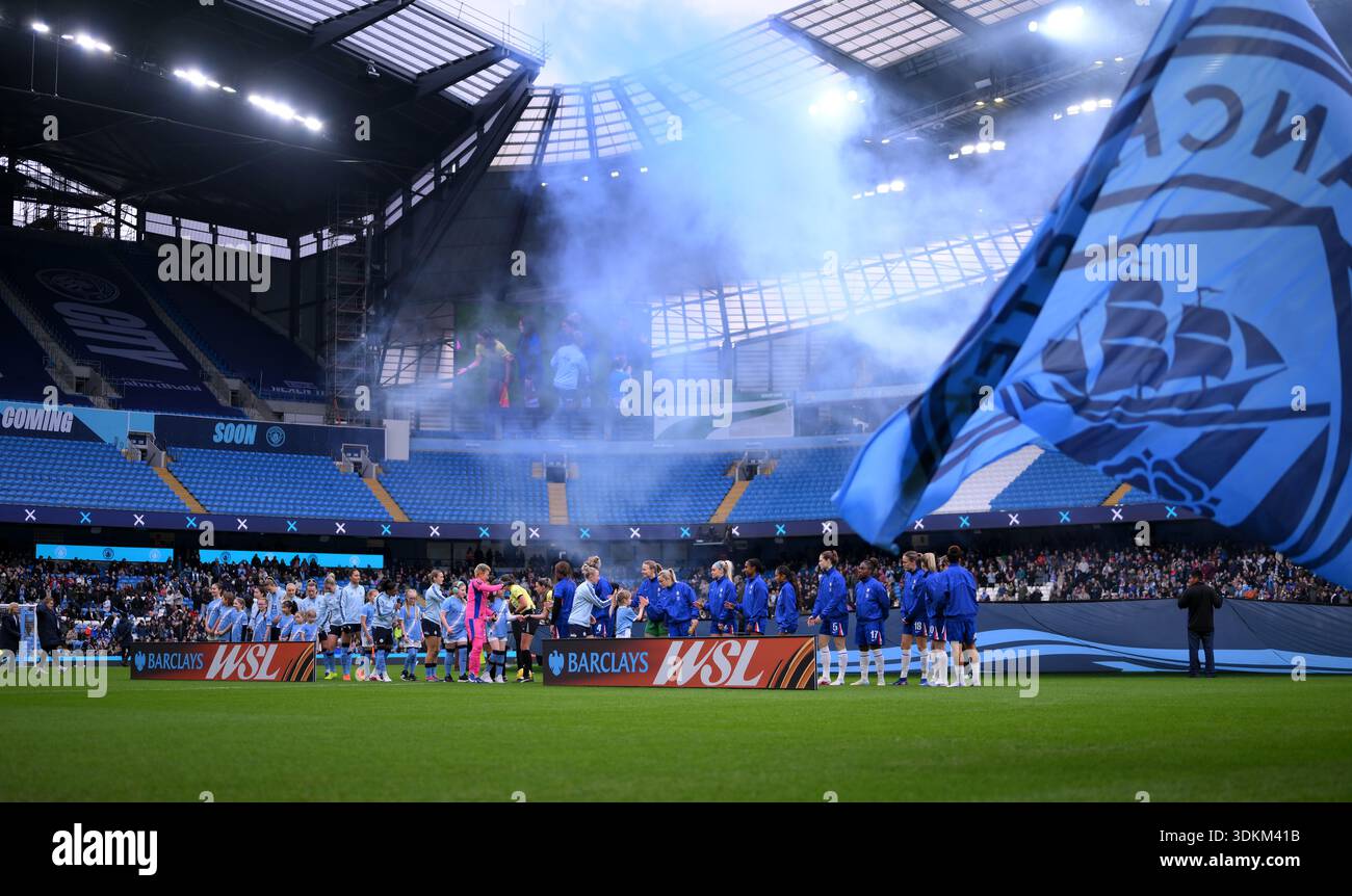 Manchester City and Chelsea players shake hands before the Barclays ...