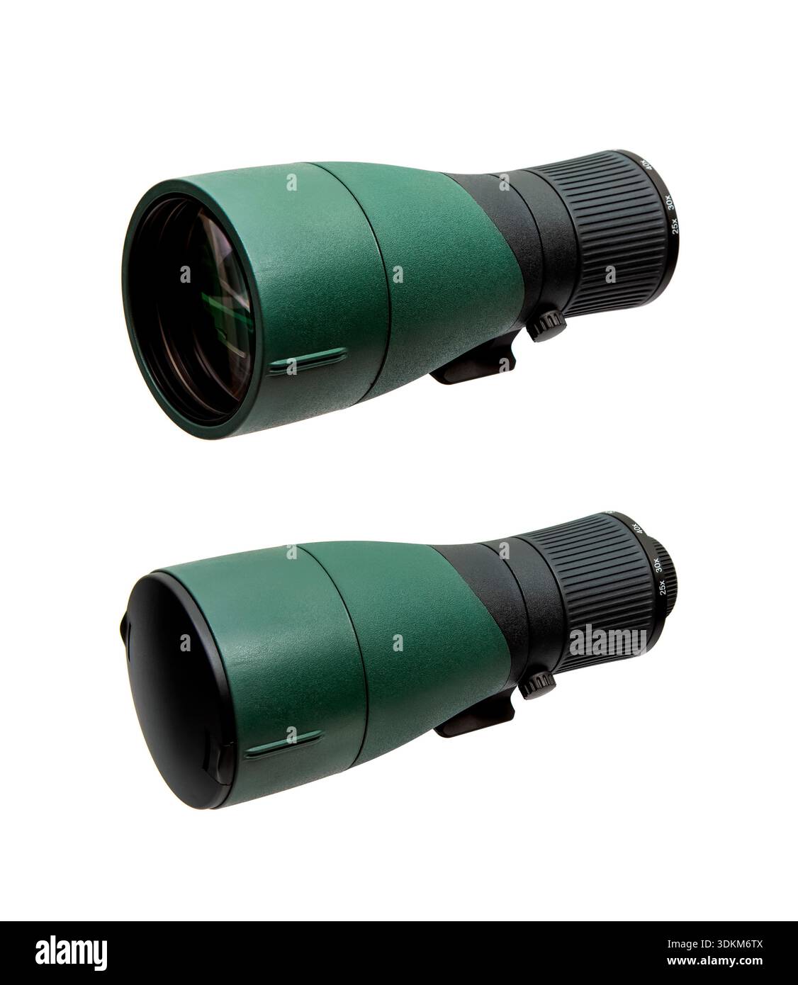 A high-performance green and black spotting scope shown with and ...