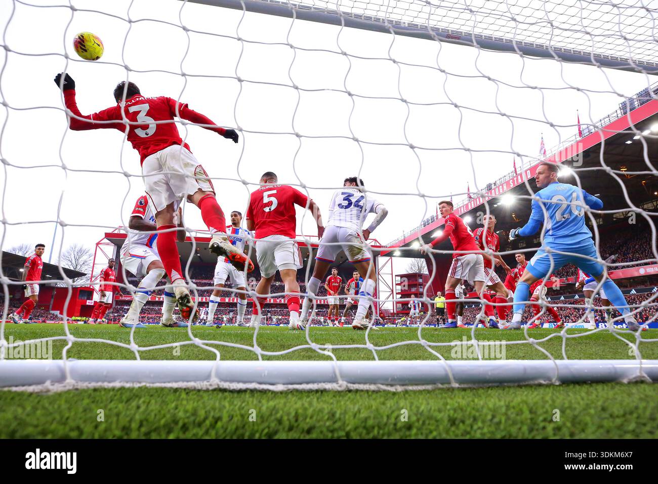 Neco Williams of Nottingham Forest heads the ball off the line during ...