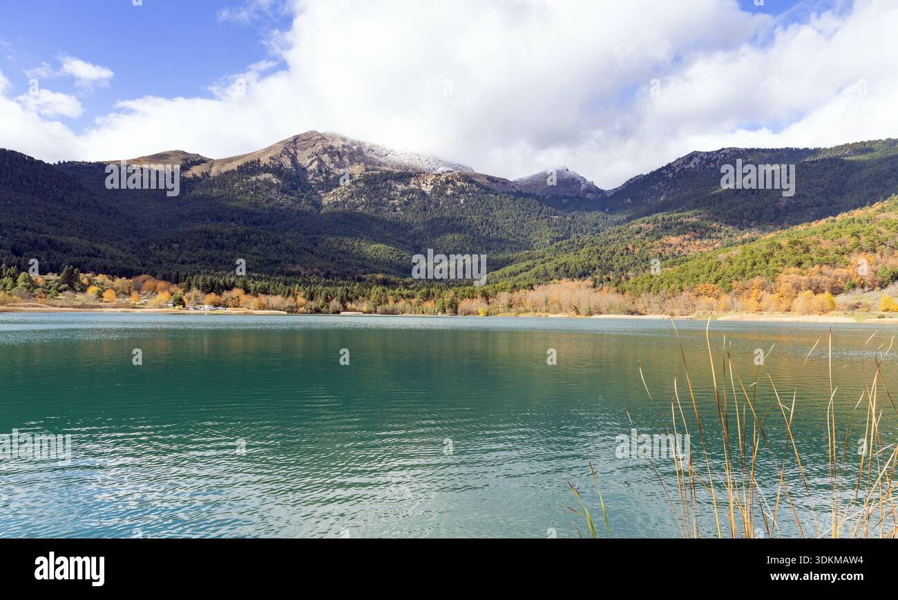 Lake Doxa in Corinthia with Mount Helmos background, Greece Stock Photo ...
