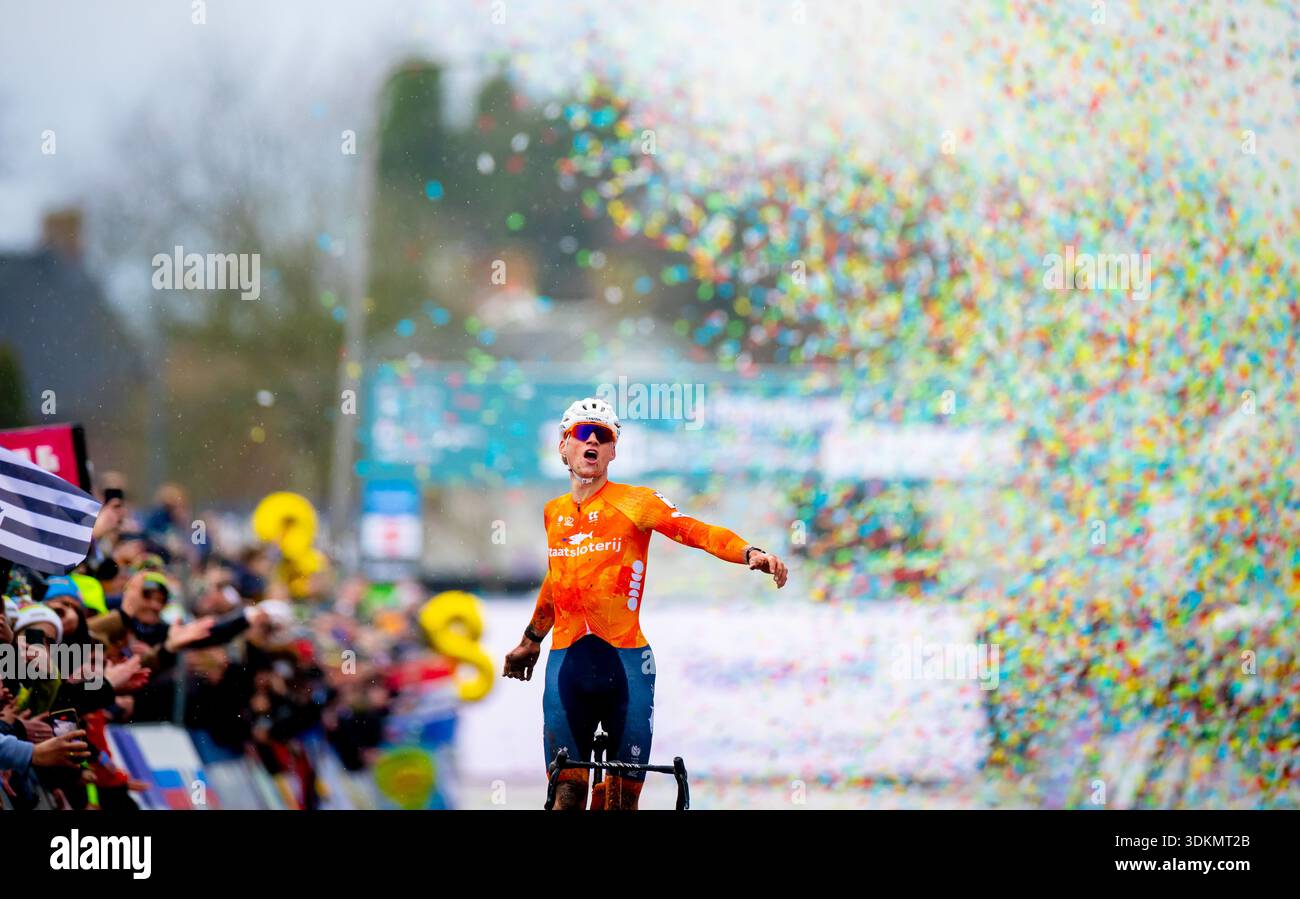 HULST - Mathieu van der Poel crosses the finish line at the Cyclocross ...