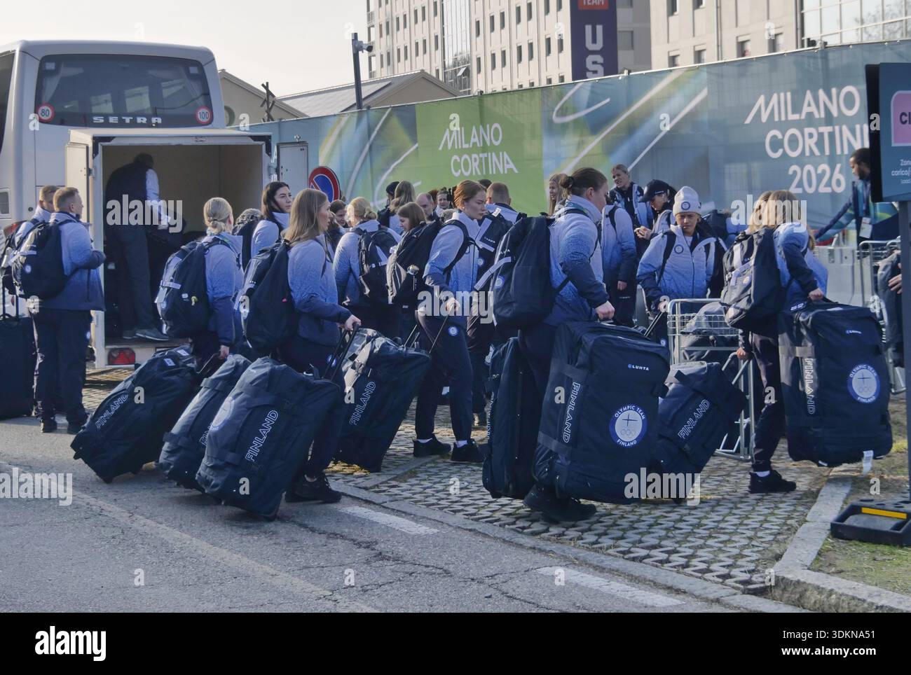 Finnish Olympic team arrives at the Olympic Village in Milan Stock ...