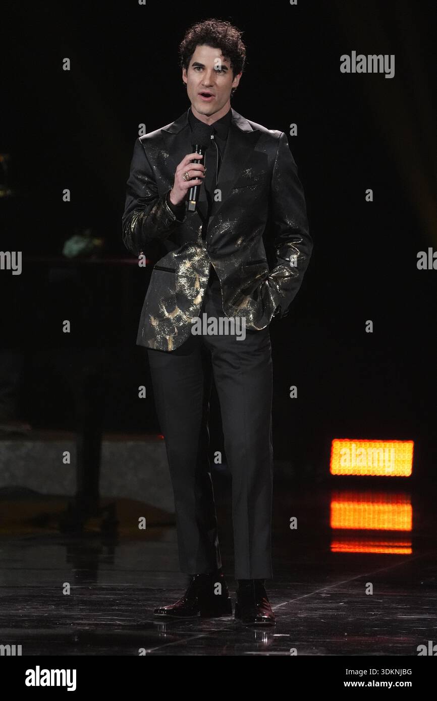 Host Darren Criss speaks during the 68th annual Grammy Awards on Sunday ...