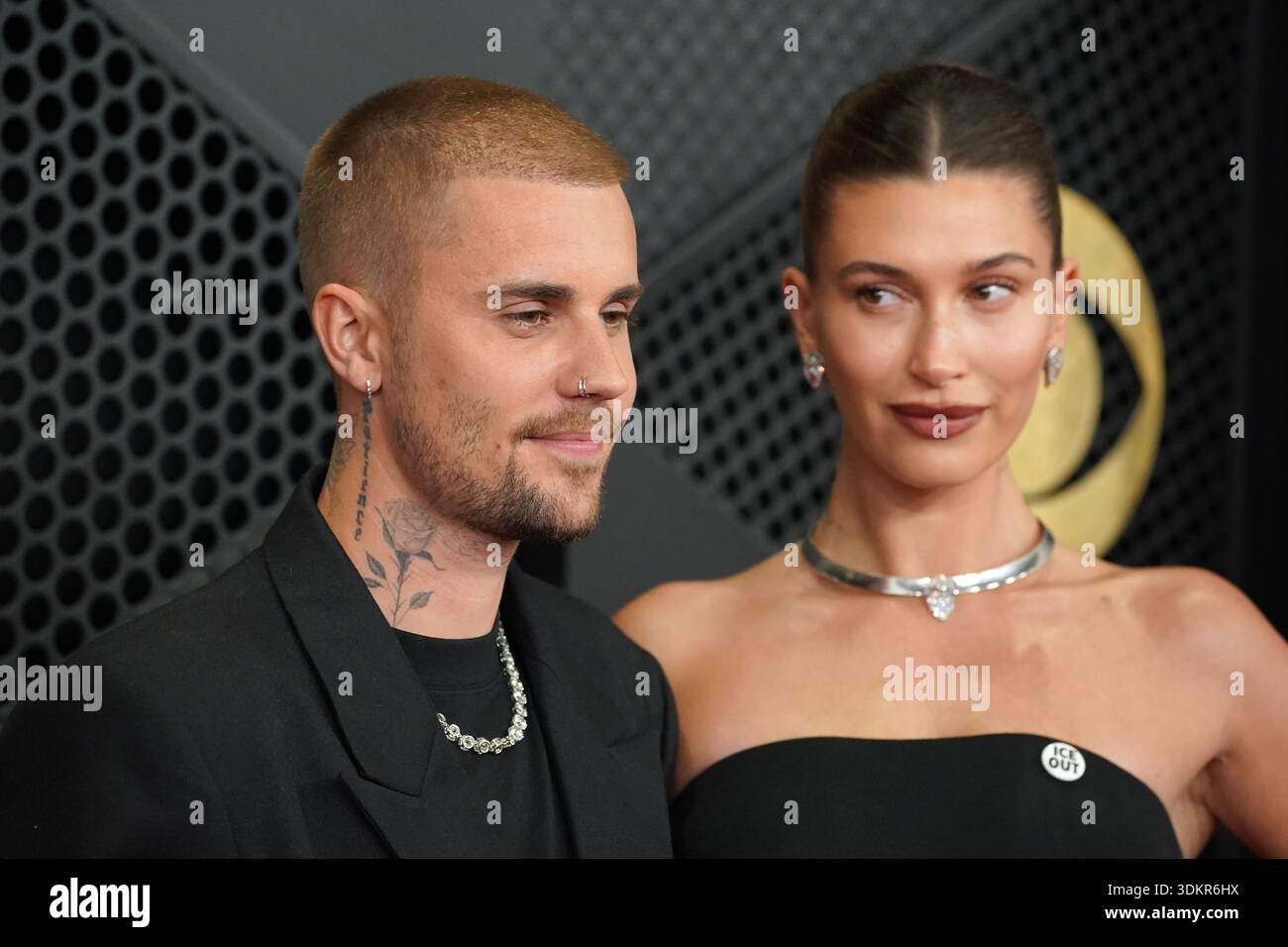 Justin Bieber, left, and Hailey Bieber arrive at the 68th annual Grammy ...
