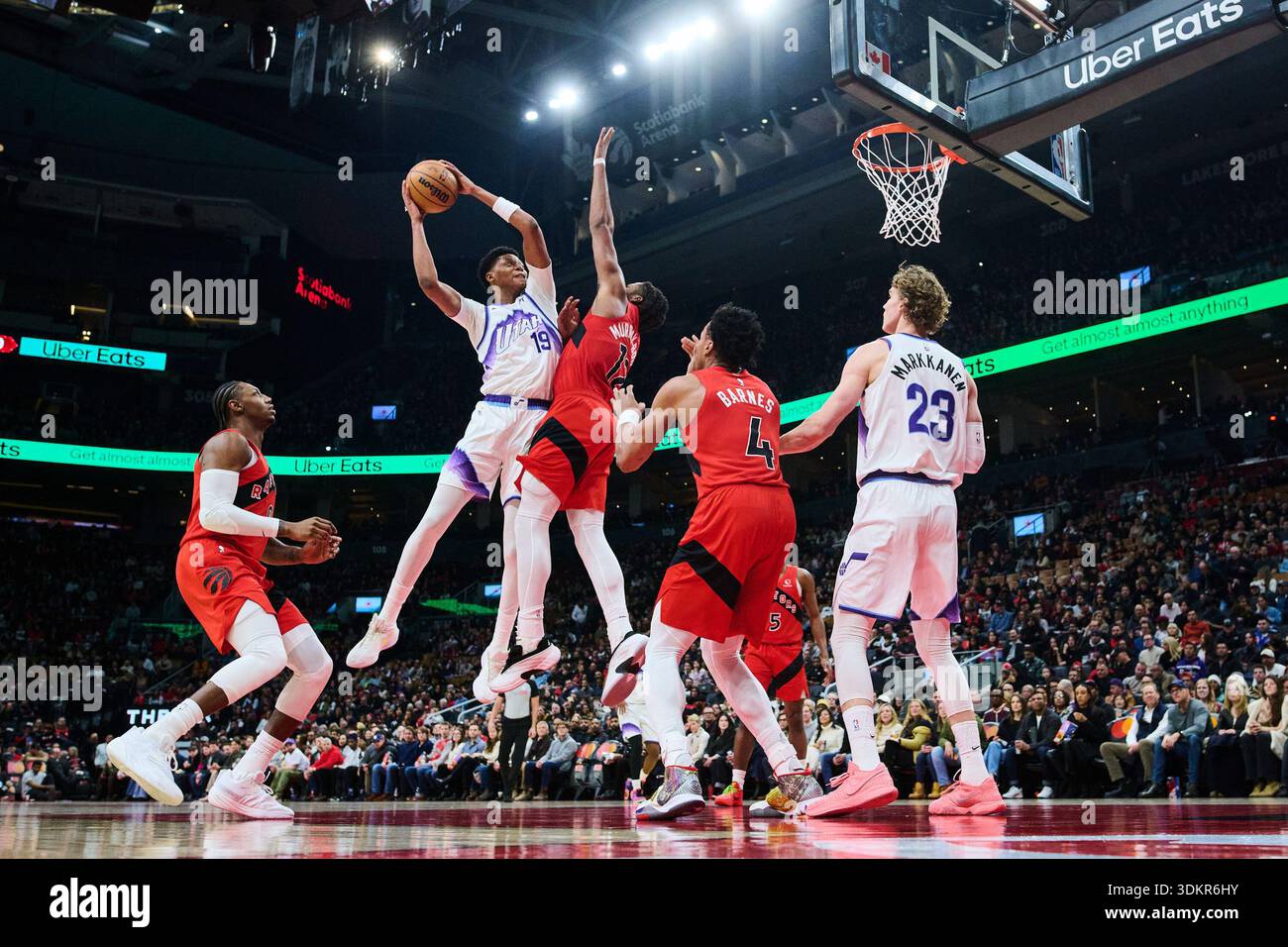 Utah Jazz's Ace Bailey (19) is blocked on a drive to the net by Toronto ...