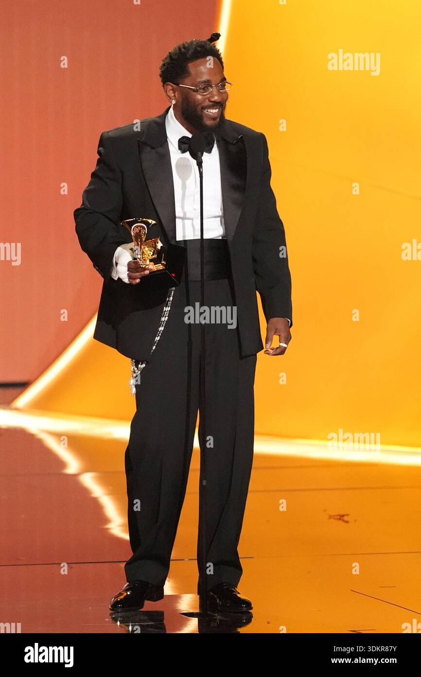 Kendrick Lamar accepts the award for best rap album for "GNX" during ...