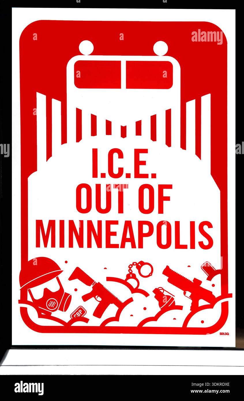 I.C.E. Out Of Minneapolis poster in a window with the graphic design of ...