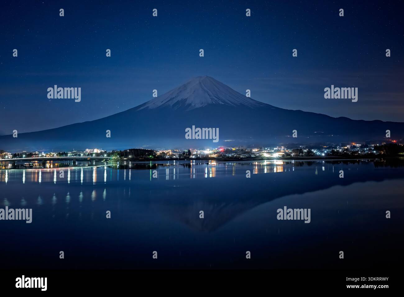 Mt Fuji in Japan, night view under clear starry sky, seen from across ...