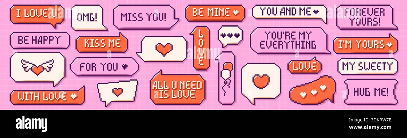 Pixel art speech bubbles with Happy Valentine Day phrases Stock Vector ...