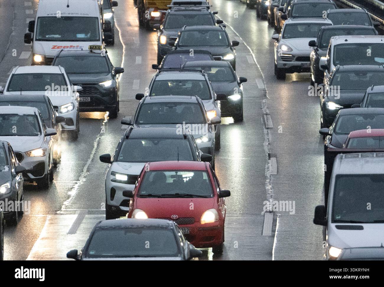 Stuttgart, Germany. 02nd Feb, 2026. Cars are stuck in a traffic jam on ...