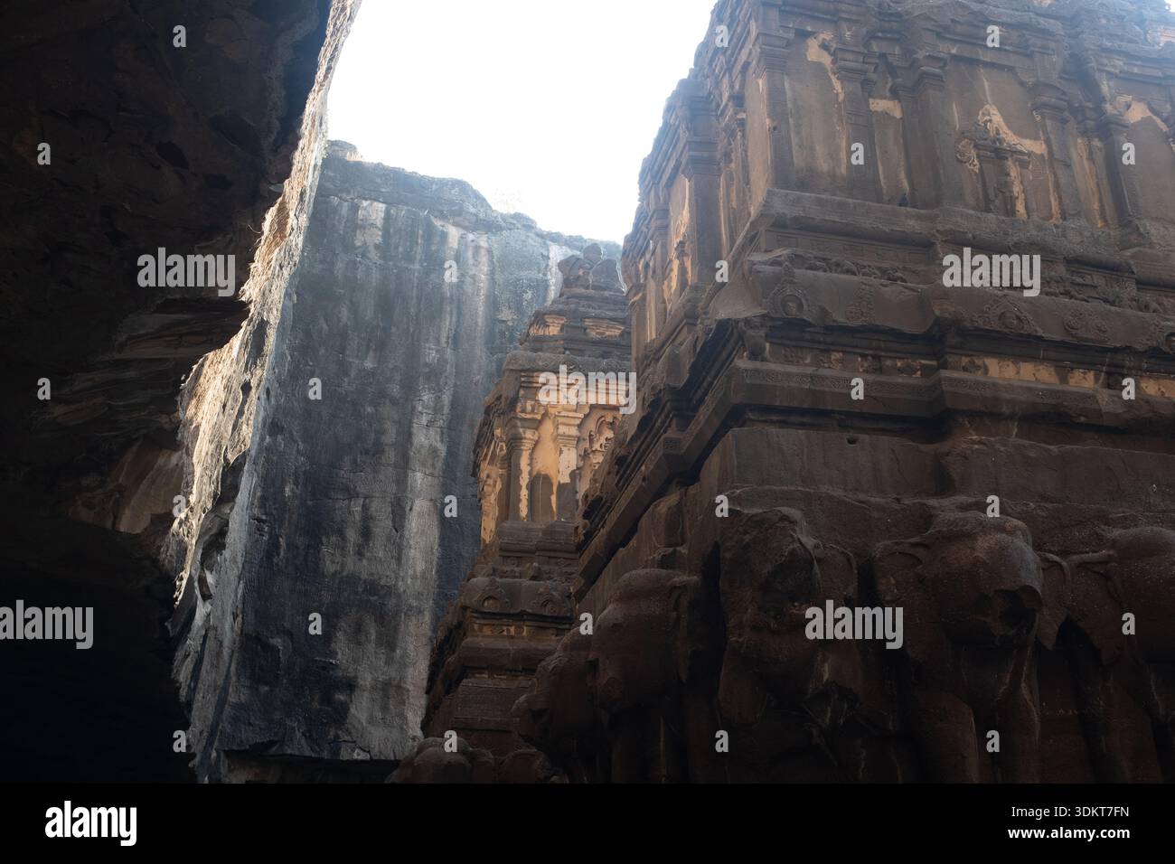 Verul, India - 27 December 2025: View of the monolithic rock-cut ...