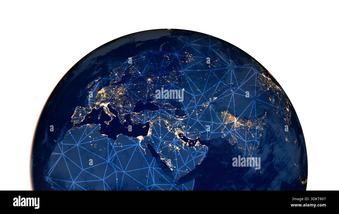 Global Digital Network Mesh Over Earth Night View With World Map City ...