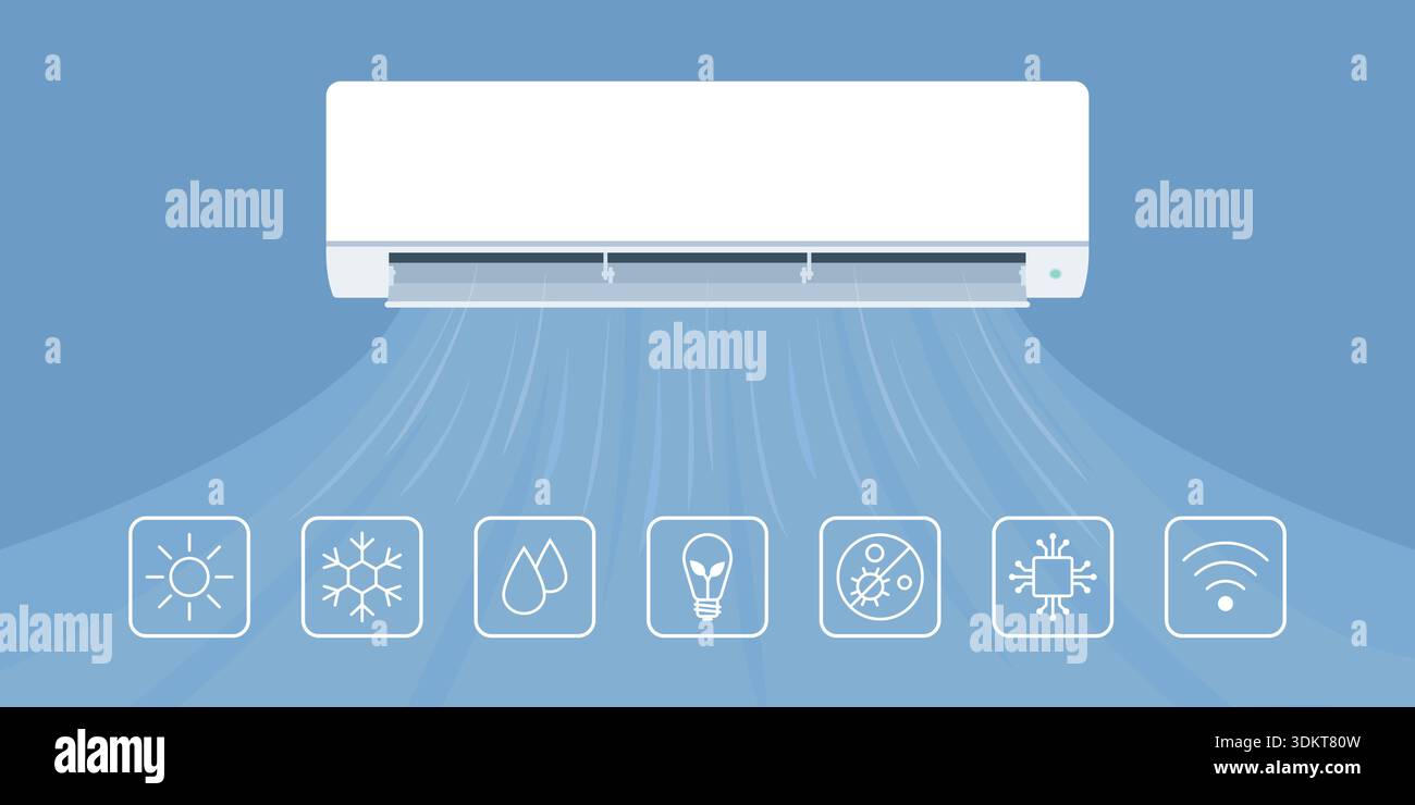 AC air conditioning split system indoor unit and icons set Stock Vector ...