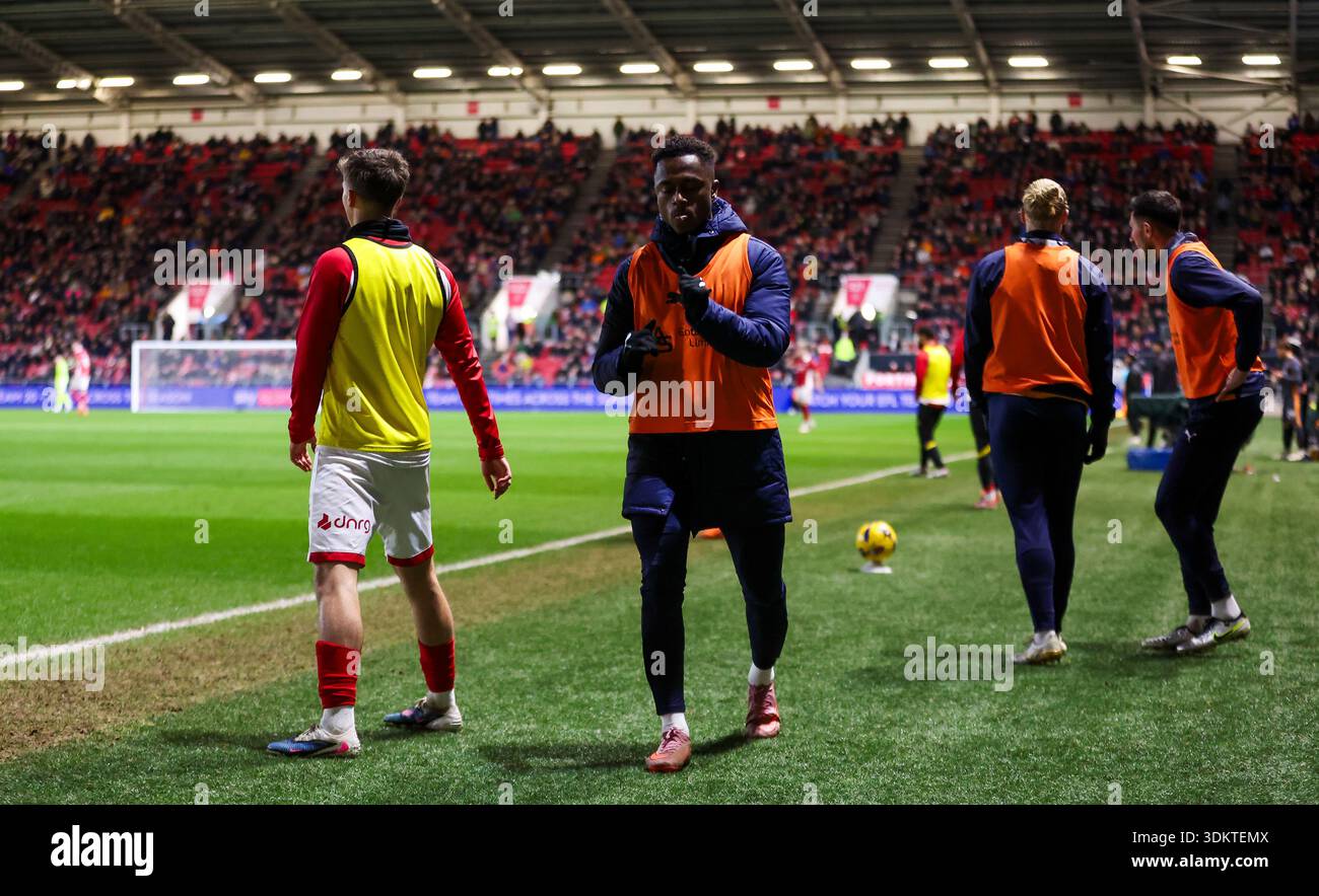 Derby County’s Jaydon Banel warming up during the Sky Bet Championship ...