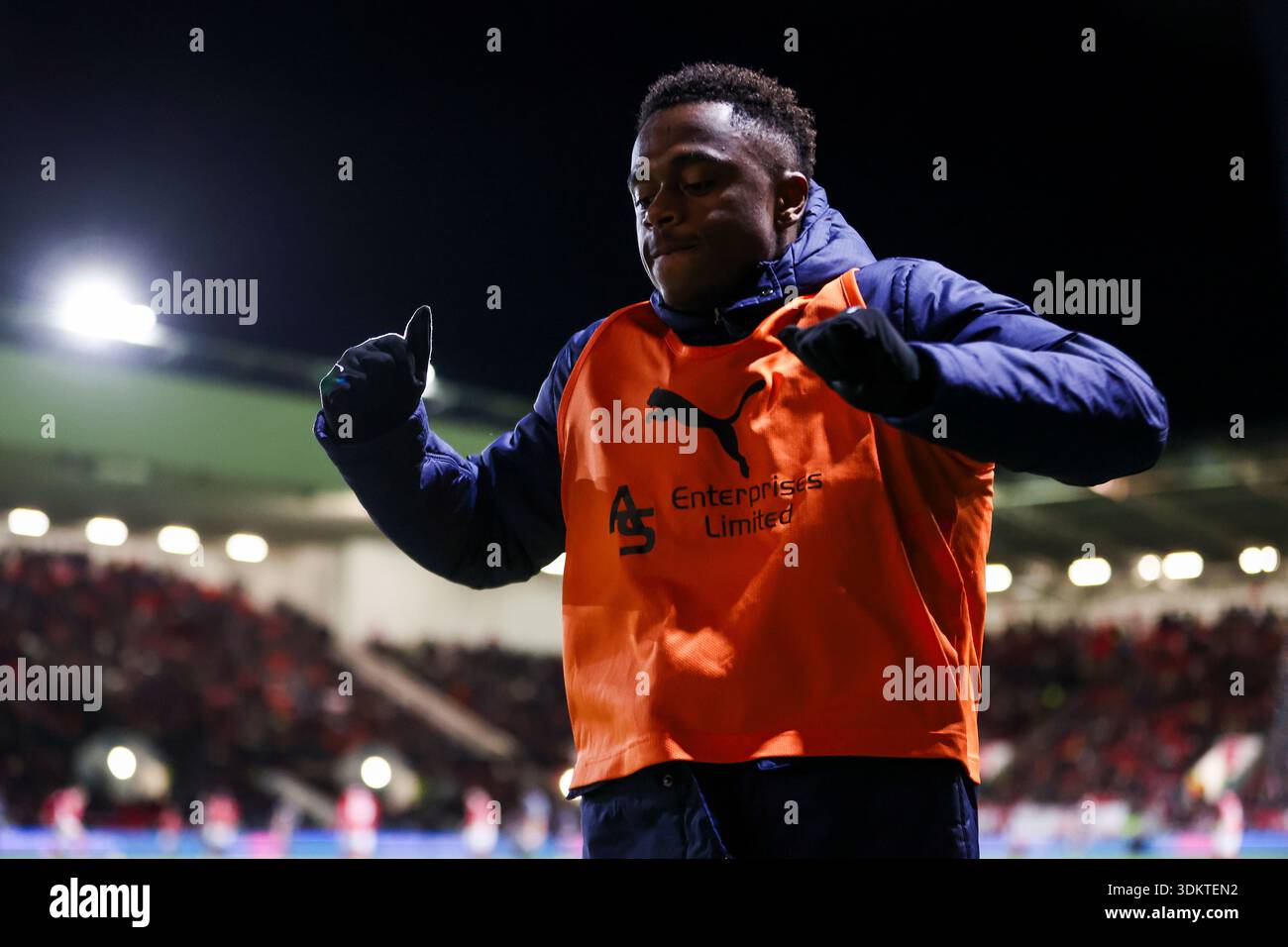Derby County’s Jaydon Banel warming up during the Sky Bet Championship ...
