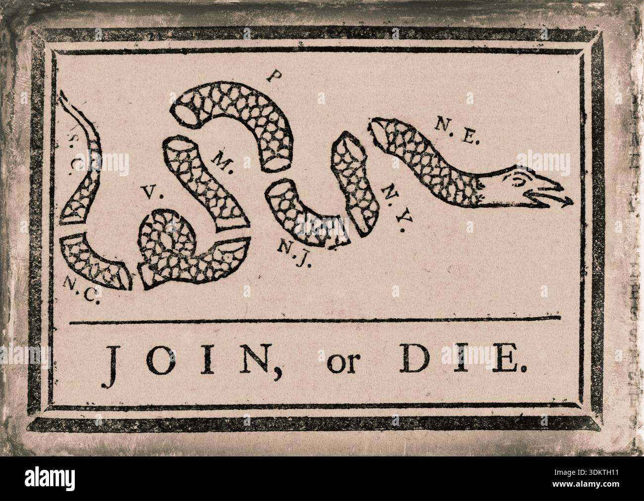 "Join or Die" snake newspaper cartoon design by Ben Franklin Stock ...