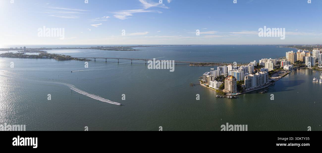 Aerial view of a Ringling Bridge stretching across the water connecting ...