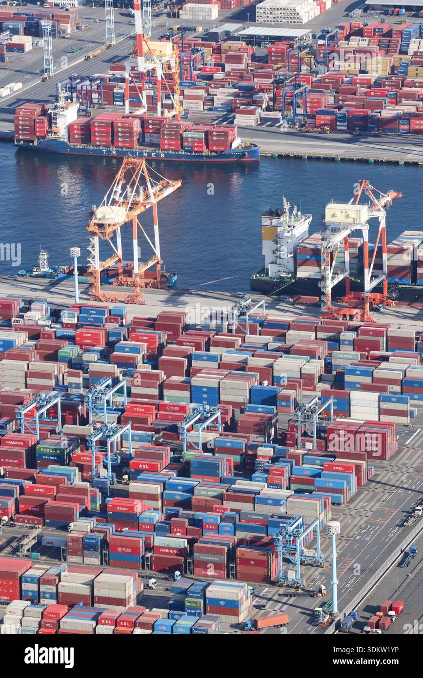 An aerial photo shows containers at Yamashita Pier, a main pier ...