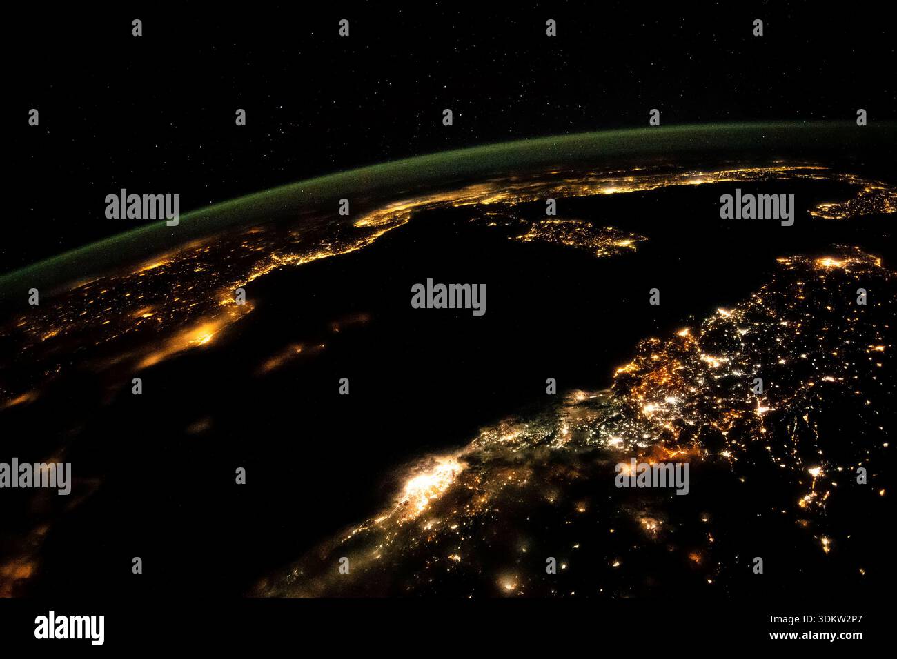 Mediterranean Cities Night View From Space With Atmospheric Airglow And ...
