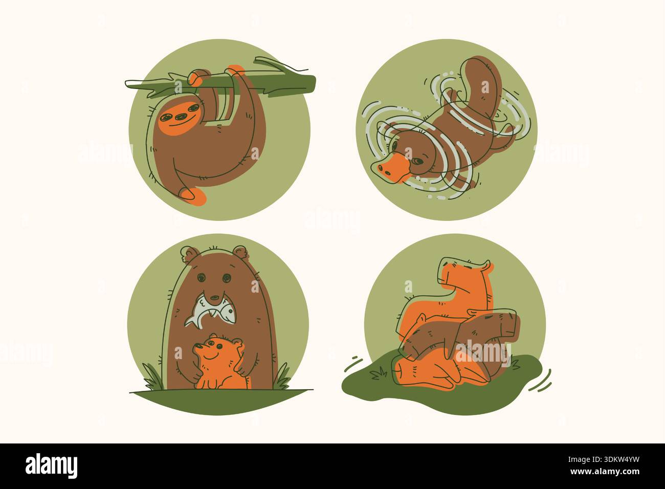 Green and brown cartoon outline illustrations set with bear, capybara ...