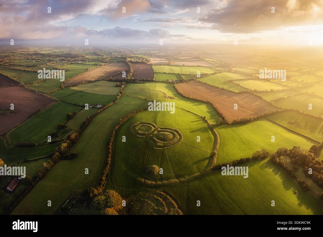 Aerial view of the ancient earthworks of the Hill of Tara bask in the ...