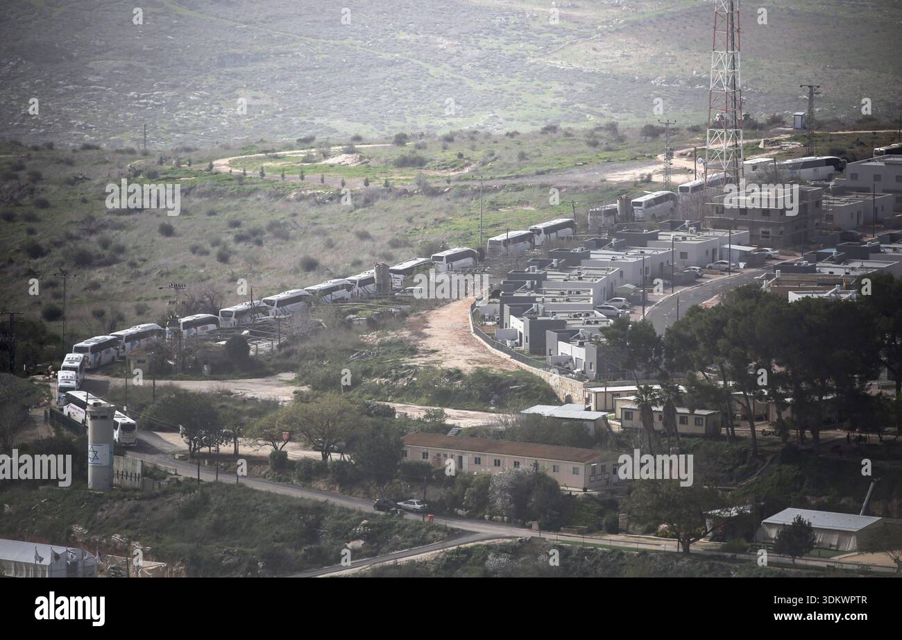 Israeli buses gather inside the Shavei Shomron settlement for a tree ...