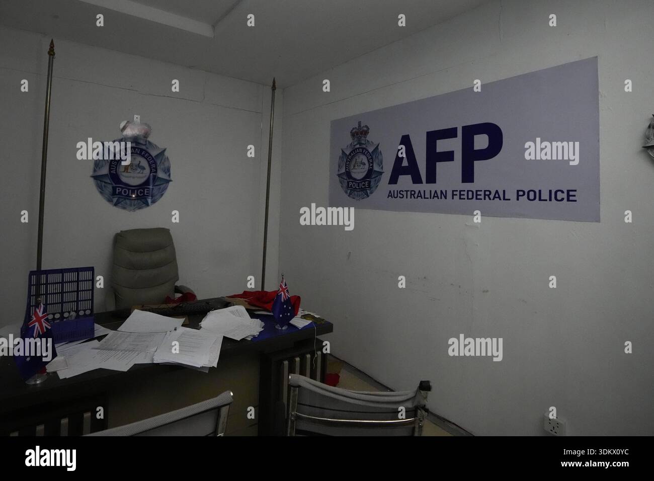A mock-up set resembling an Australian police station is seen at a scam ...