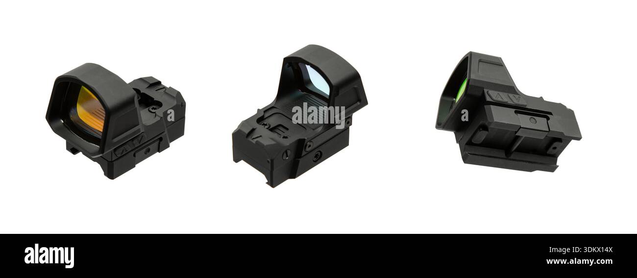 Three different angled views of a black tactical reflex sight isolated ...