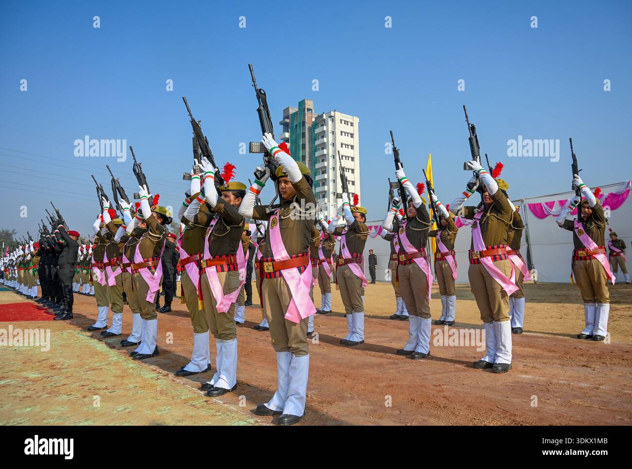 GREATER NOIDA, INDIA - JANUARY 26: Uttar Pradesh Police personnel give ...