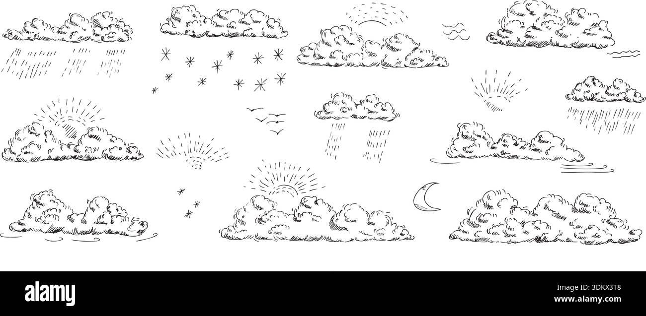 Weather set. Hand-drawn clouds with rain, snow and sun in simple pencil ...